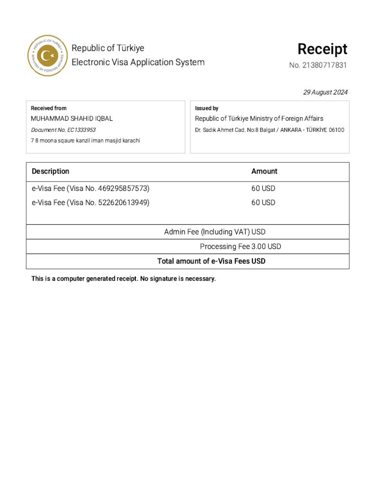 e-Visa - Payment Receipt | PDF