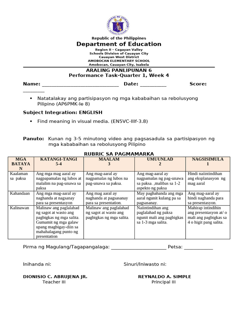 Grade 6 Performance Task q1 w4 | PDF