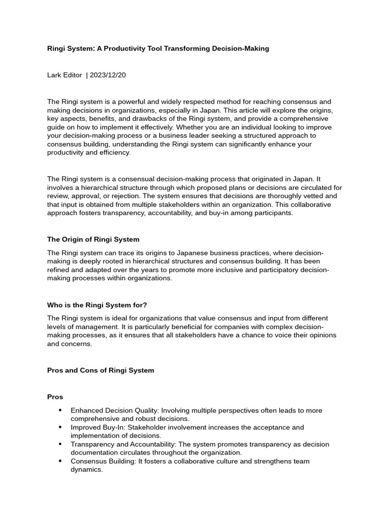 Ringi System for Business Leaders | PDF | Consensus Decision Making ...