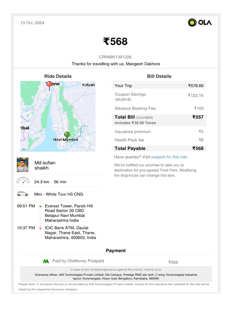 13th Oct'24 Home To Airport Rs. 568 | PDF | Invoice | Payments