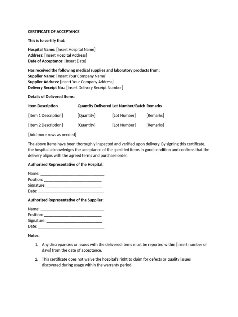 CERTIFICATE OF ACCEPTANCE Sample | PDF