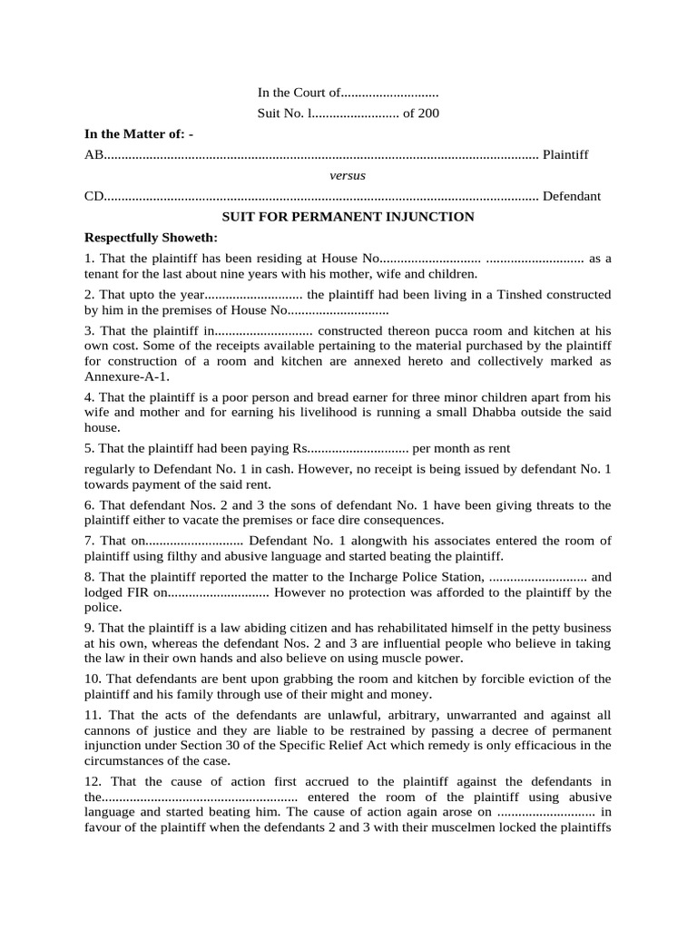 Suit For Permanent Injunction | PDF | Lawsuit | Cause Of Action