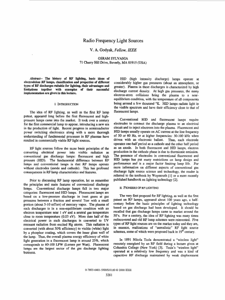 Radio Frequency Light Sources | PDF | Fluorescent Lamp | Inductor