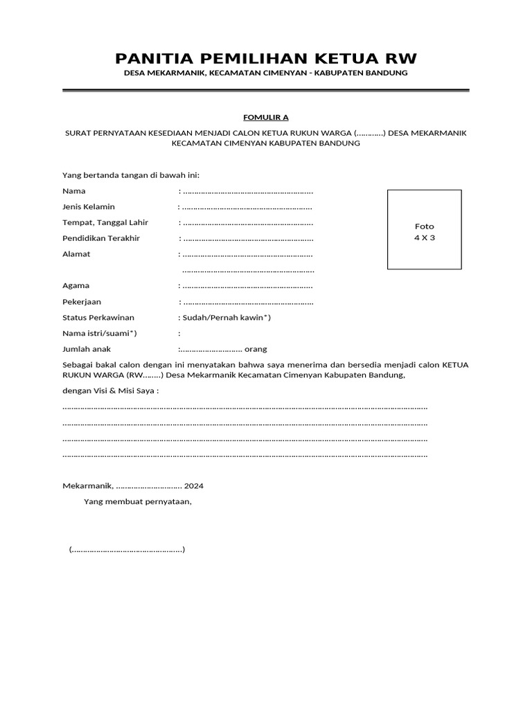 Formulir Pendaftaran Calon Ketua RW | PDF