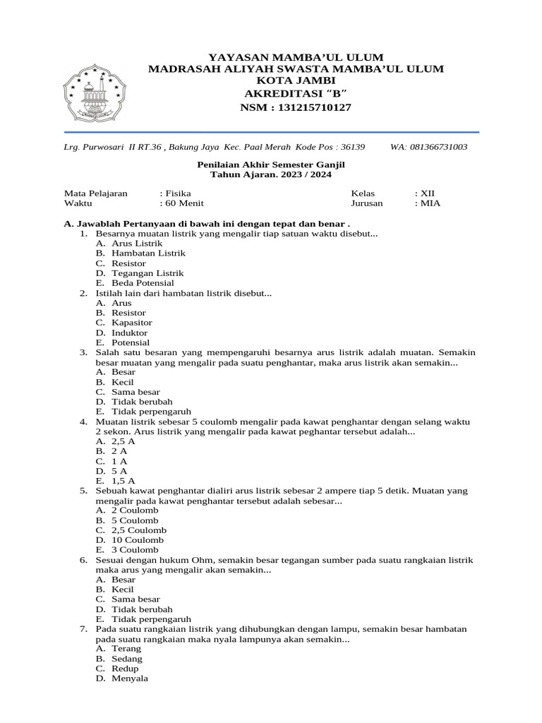 SOAL PAS FISIKA KELAS XII SMT 1 | PDF