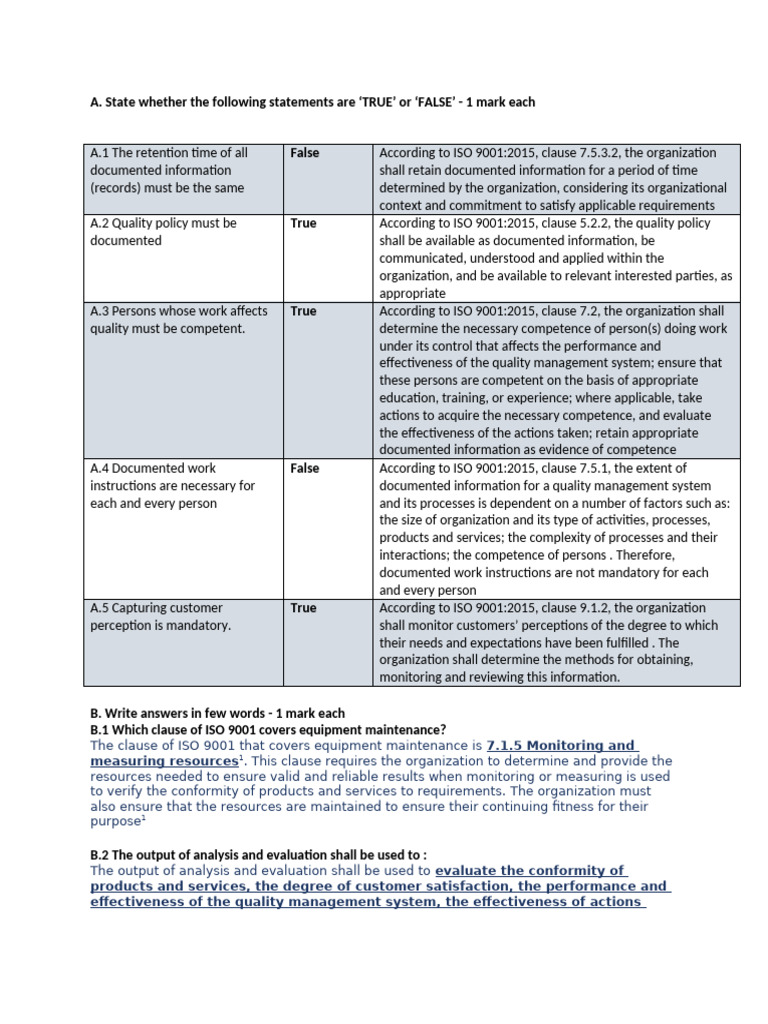 Pre - Course Self Assessment Test | PDF | Quality Management | Iso 9000