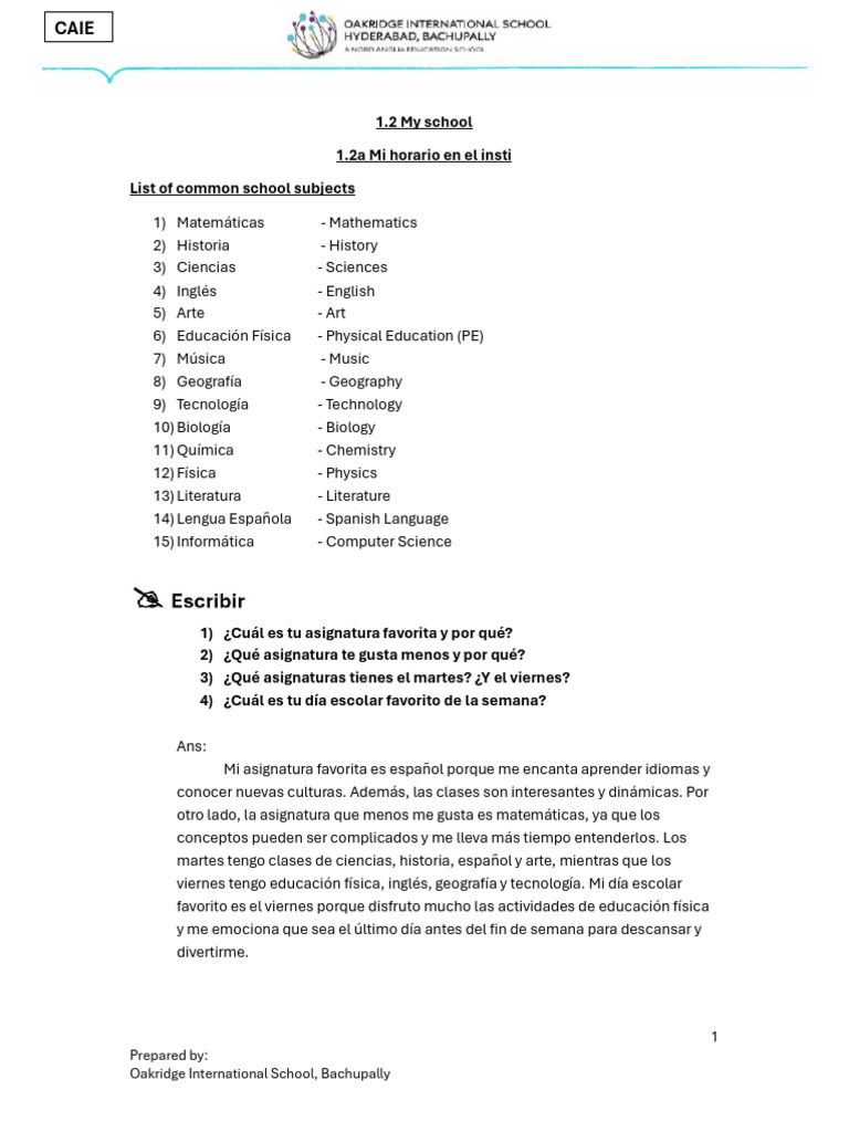 Unit 1 My School Spanish IGCSE Grade9 | PDF