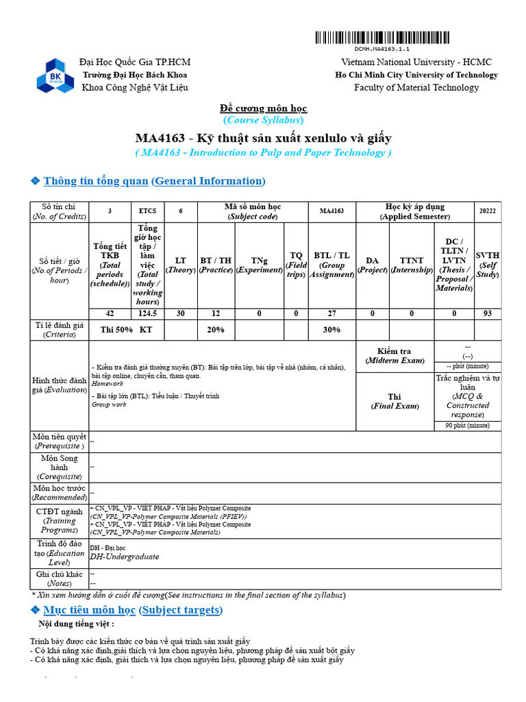 MA4163 - Kỹ Thuật Sản Xuất Xenlulo Và Giấy (Introduction To Pulp and ...
