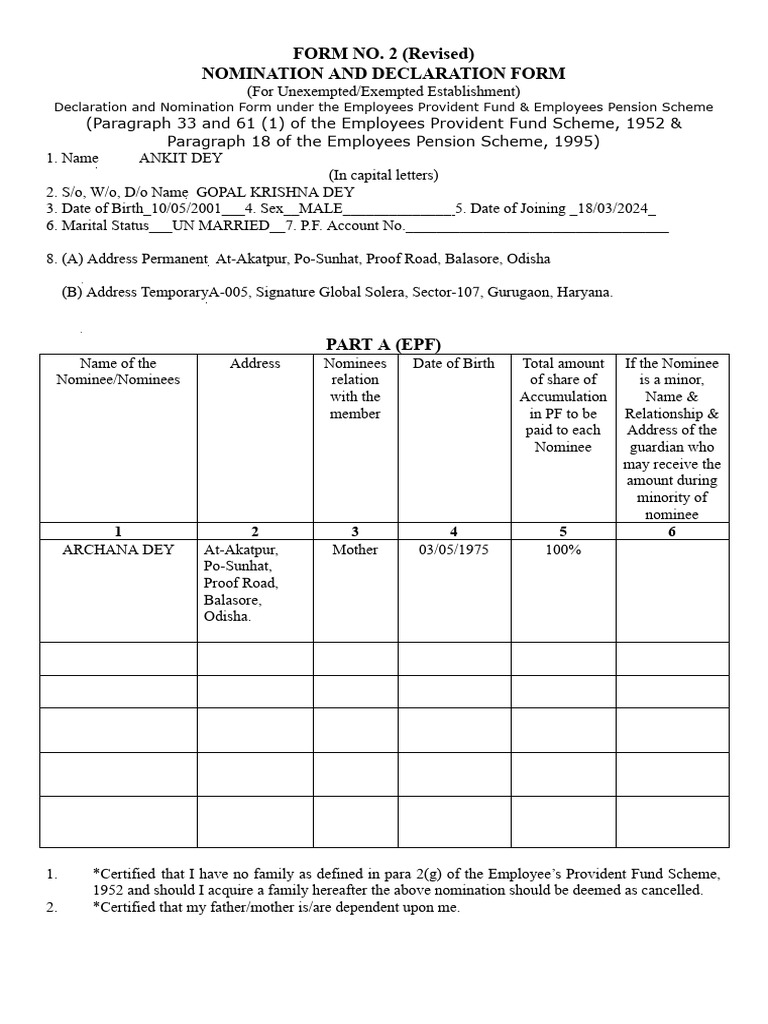 PF Form - 2 - Nomination & Declaration | PDF