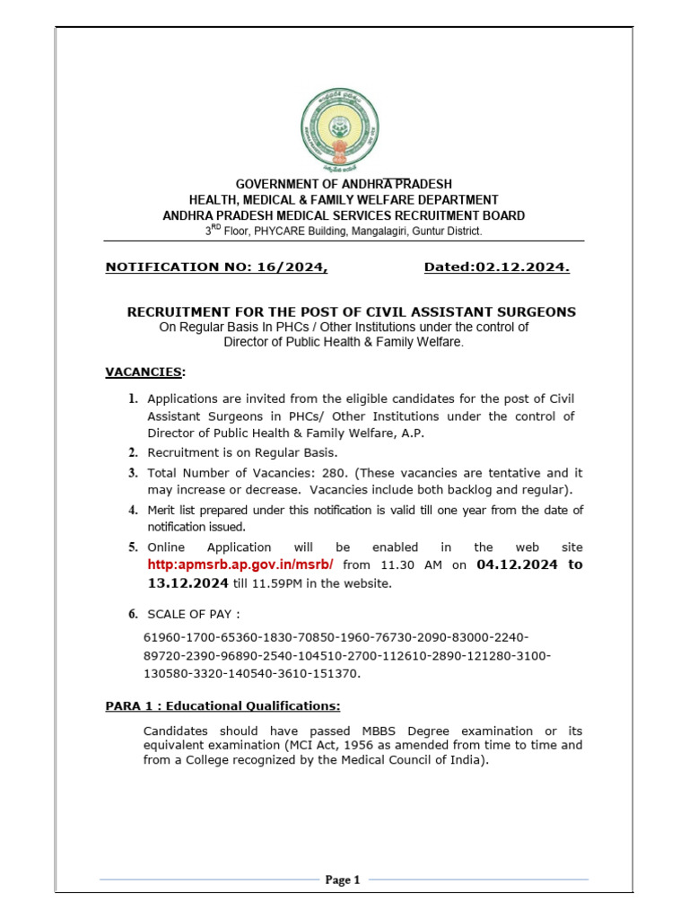Notification-APMSRB-Civil-Assistant-Surgeon-Posts Andhra Prasdesh | PDF