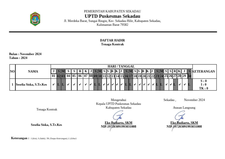 Rekap-Presensi-BulanNovember 2024-Arthur Karhil Reinhard, S.Kep, Ns | PDF