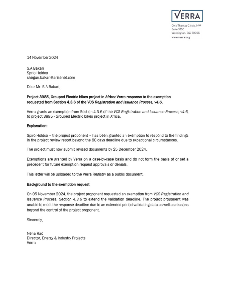 3985 - VCS - EXEMPTION - APPROVED - 14 November 2024 | PDF