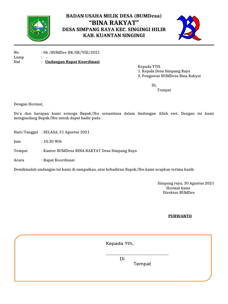 Undangan Rapat Koordinasi BUMDesa | PDF