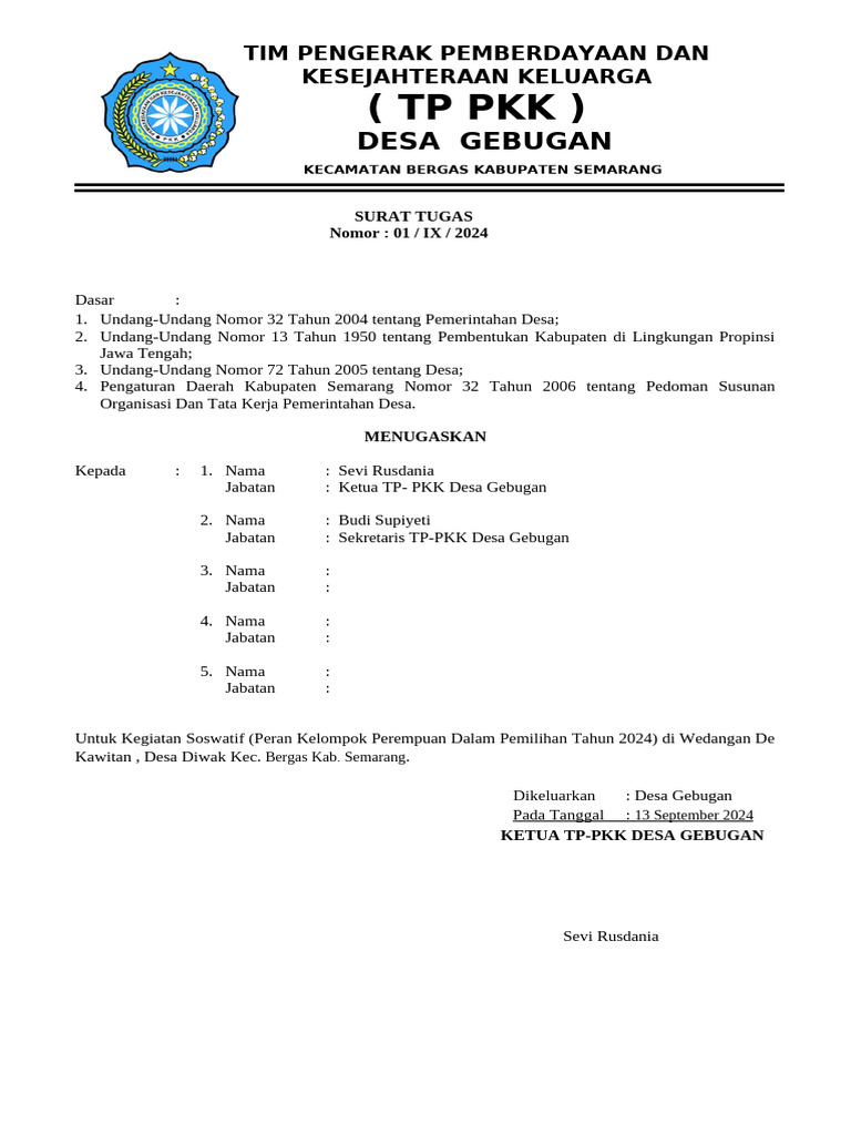 Surat Tugas Khusus PKK | PDF