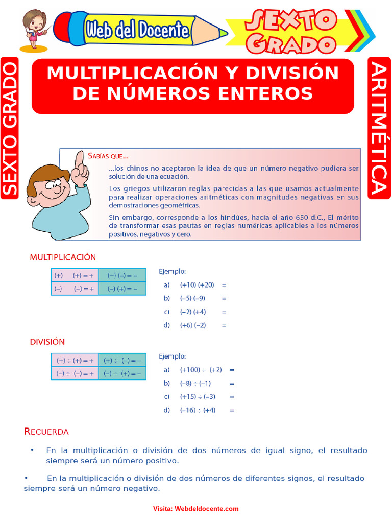 Multiplicación y División de Números Enteros | PDF | Multiplicación ...