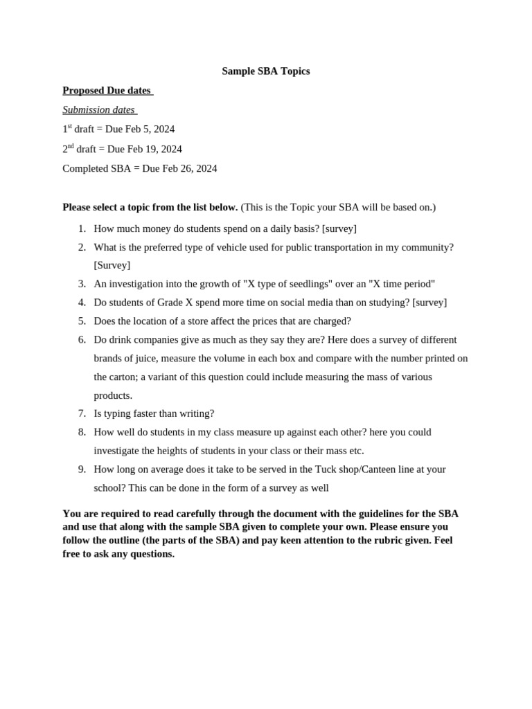 Sample SBA Topics | PDF