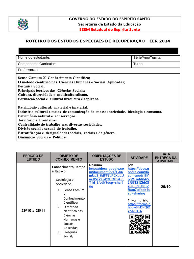 ROTEIRO-EER-SOCIOLOGIA-1º e 2º tri 2024.docx | PDF | Sociologia | Science