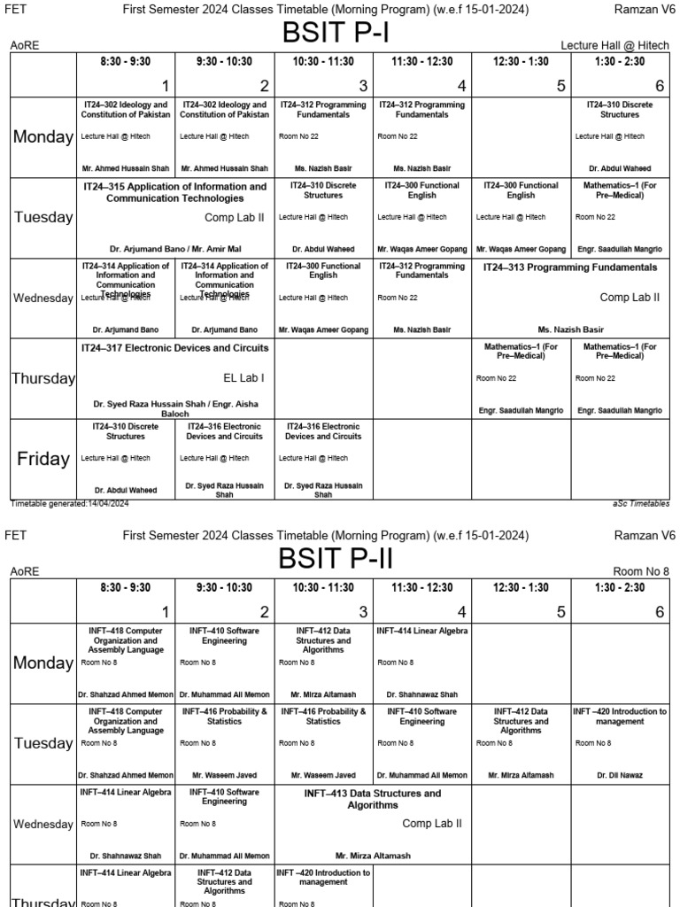 1st Semester Timetable 2024 (Morning) Ver - 6 | PDF | Computing