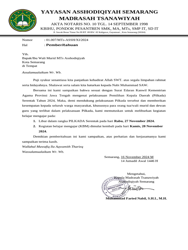 Libur KBM MTs Asshodiqiyah Pilkada 2024 | PDF