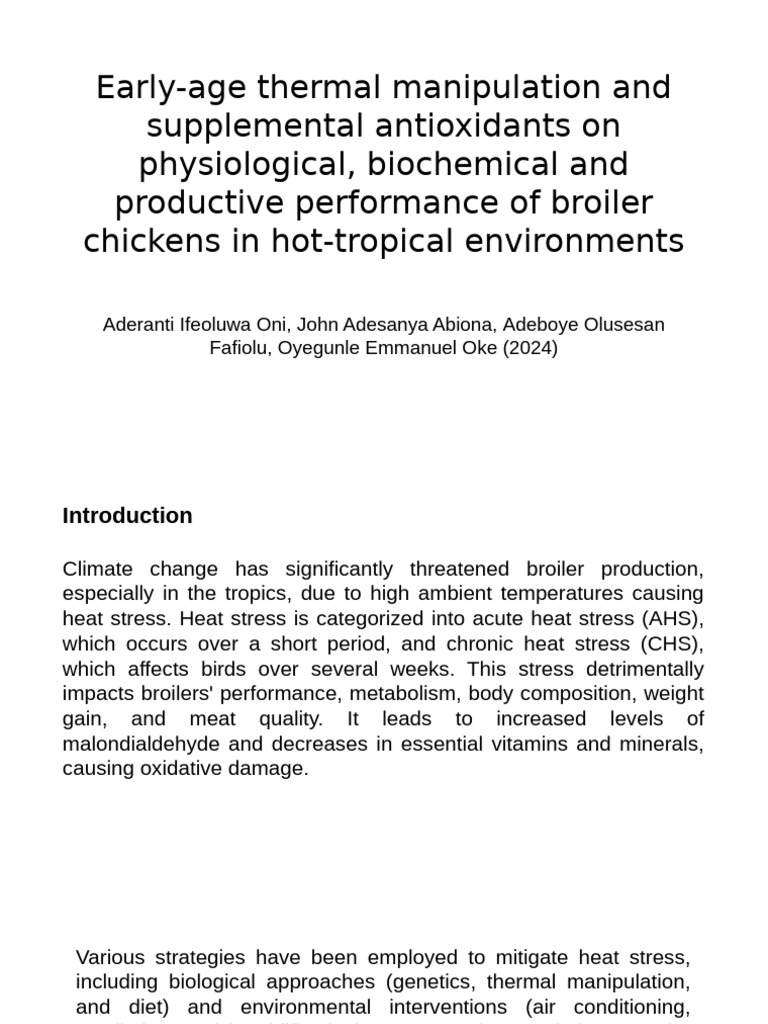 Early-Age Thermal Manipulation and Supplemental Antioxidants On | PDF ...