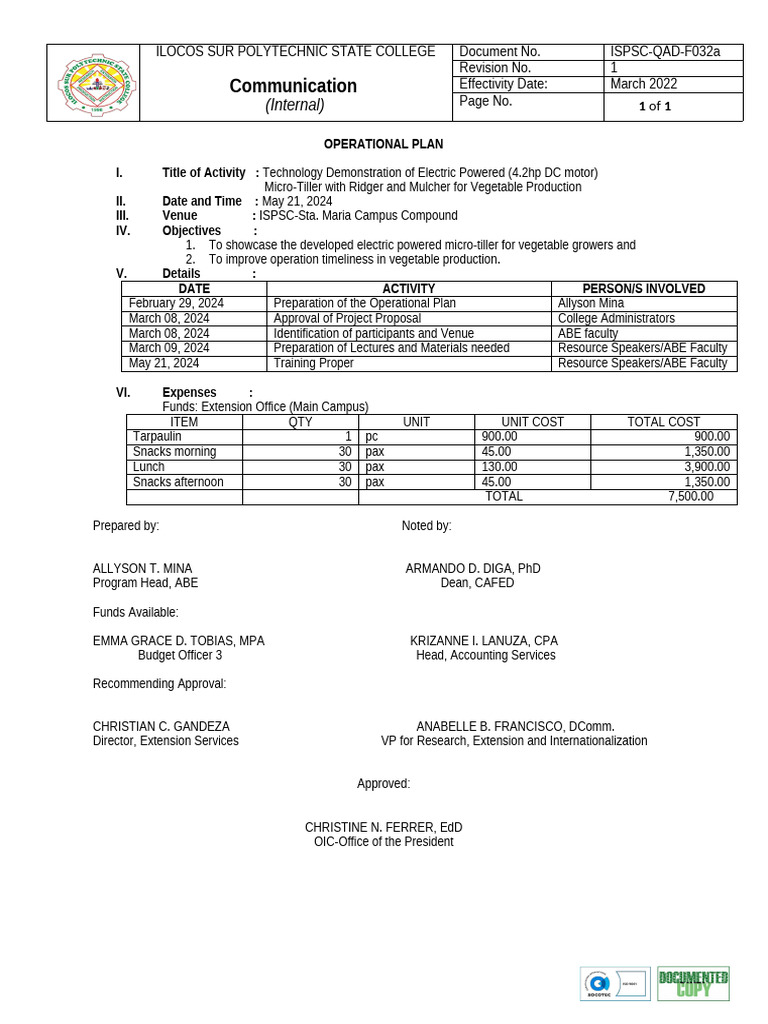 Operational Plan - Extension - Micro E-Tiller | PDF