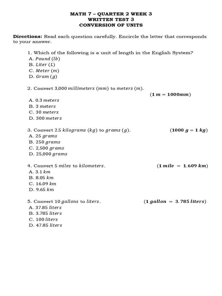 Unit Conversion Test for Math 7 | PDF
