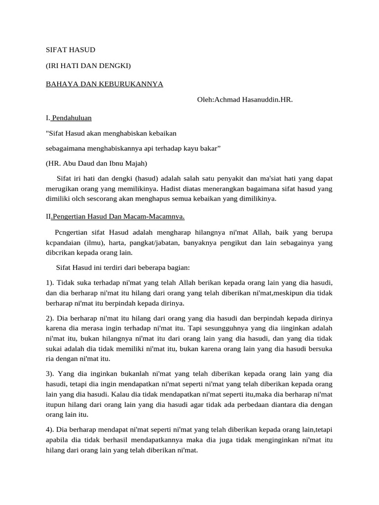 Sifat Hasud (Iri Hati Dan Dengki) Bahaya Dan Keburukannya | PDF