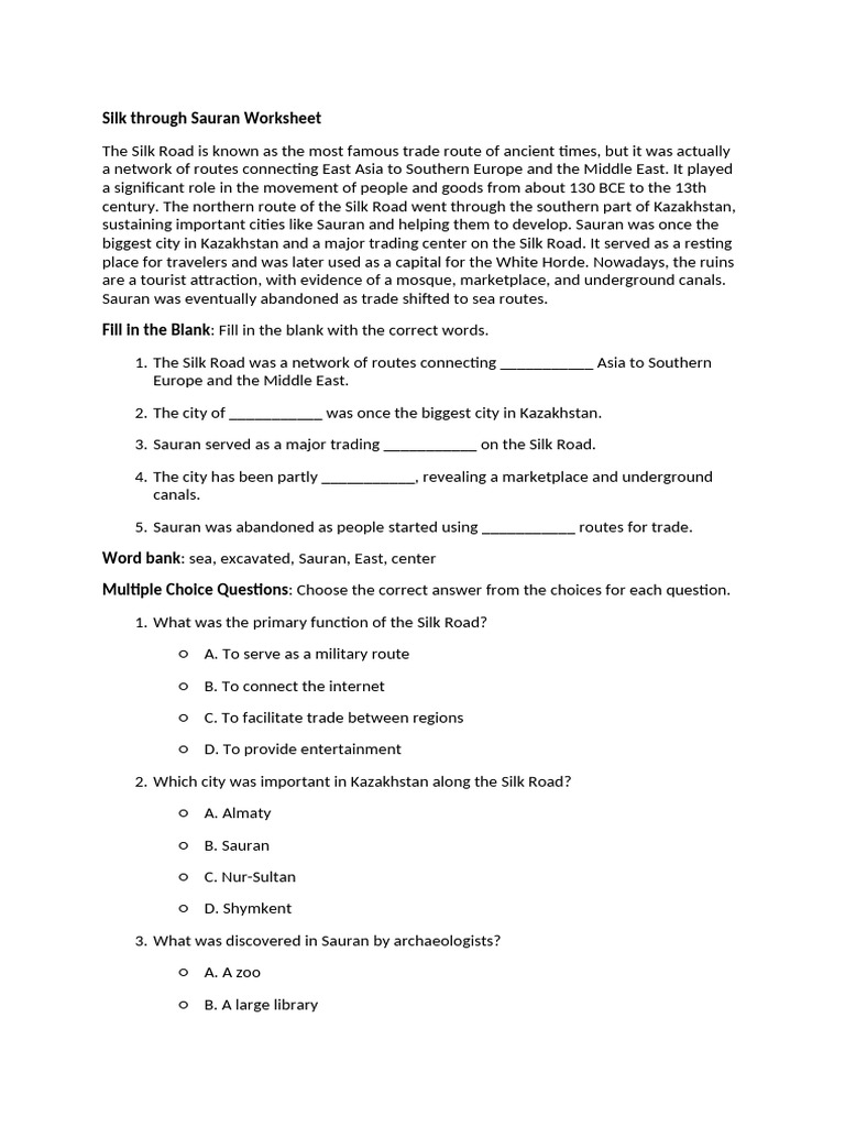 Silk Through Sauran Worksheet | PDF | Silk Road
