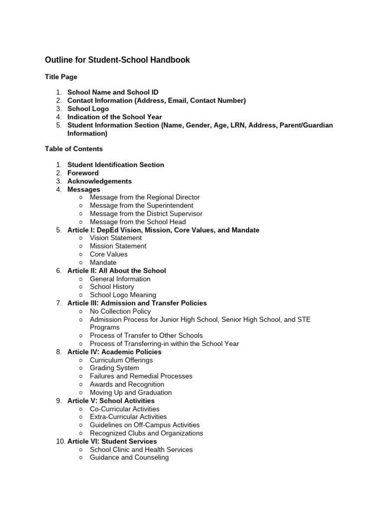 Outline For Student-School Handbook | PDF | Policy