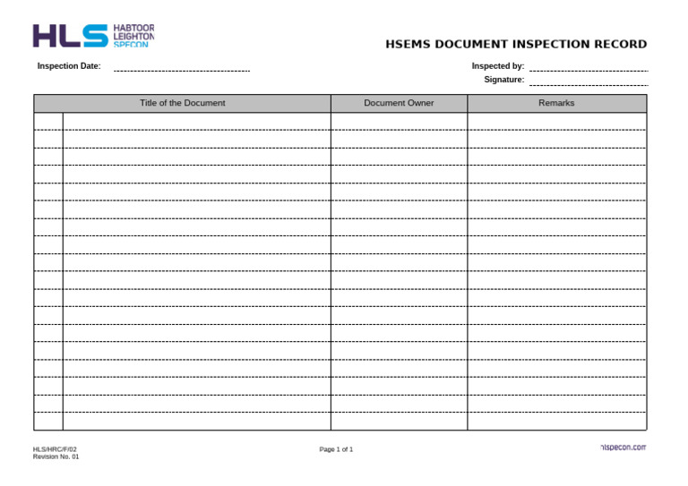F2 HSEMS Document Inspection Record Rev. 1 | PDF