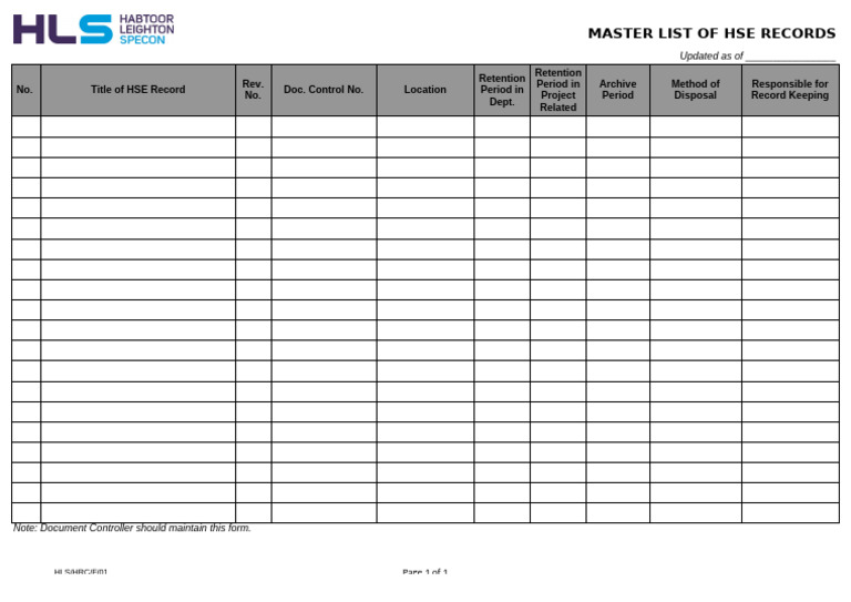 F1 Master List of HSE Records Rev. 1 | PDF