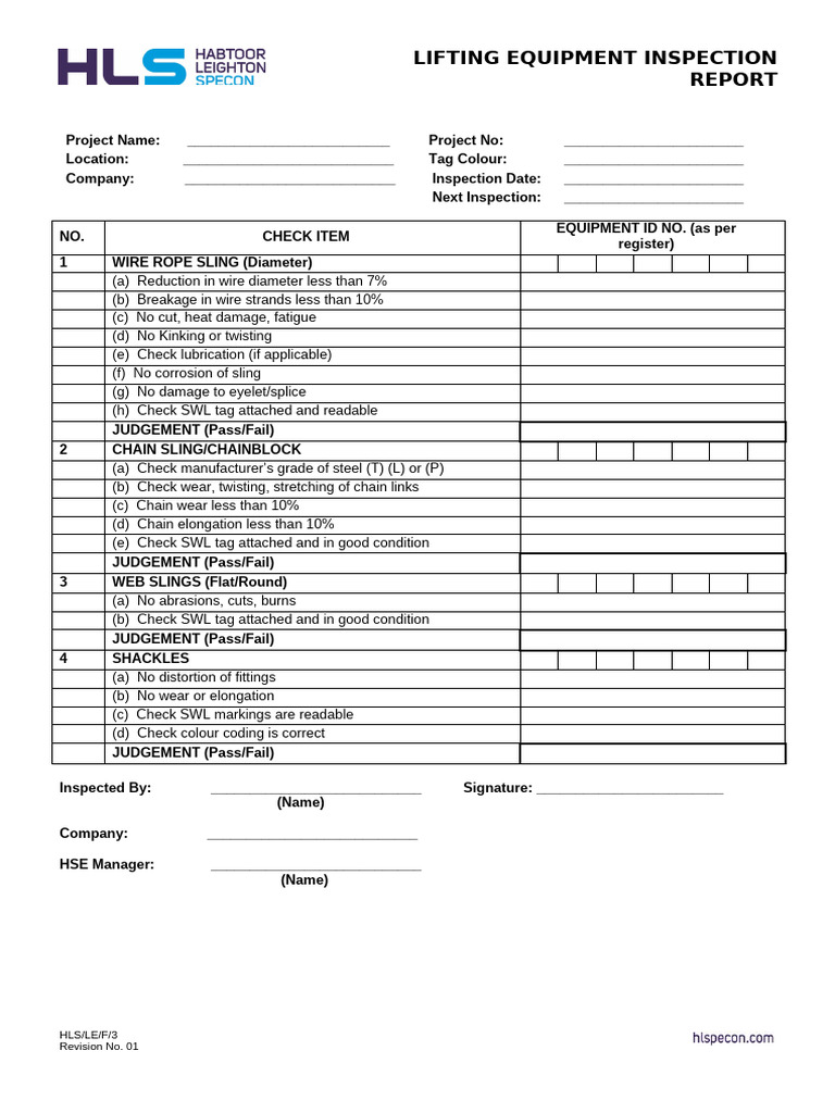 F3 Lifting Equipment Inspection Report Rev. 1 | PDF