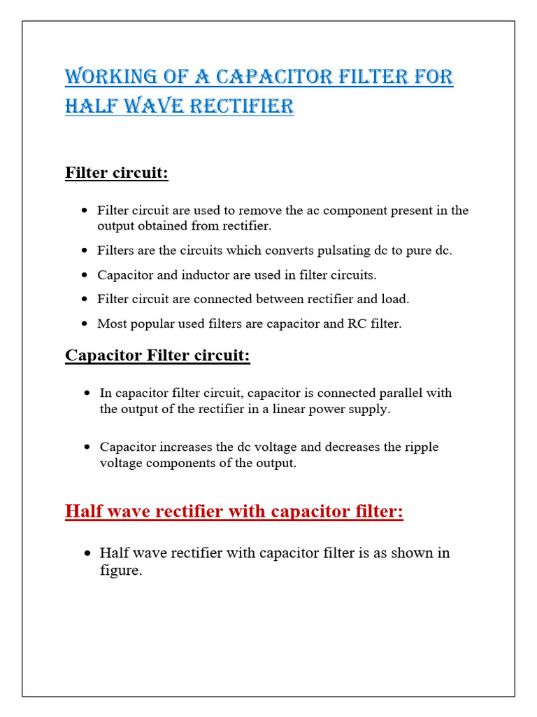 Working of A Capacitor Filter For Half Wave Rectifier | PDF