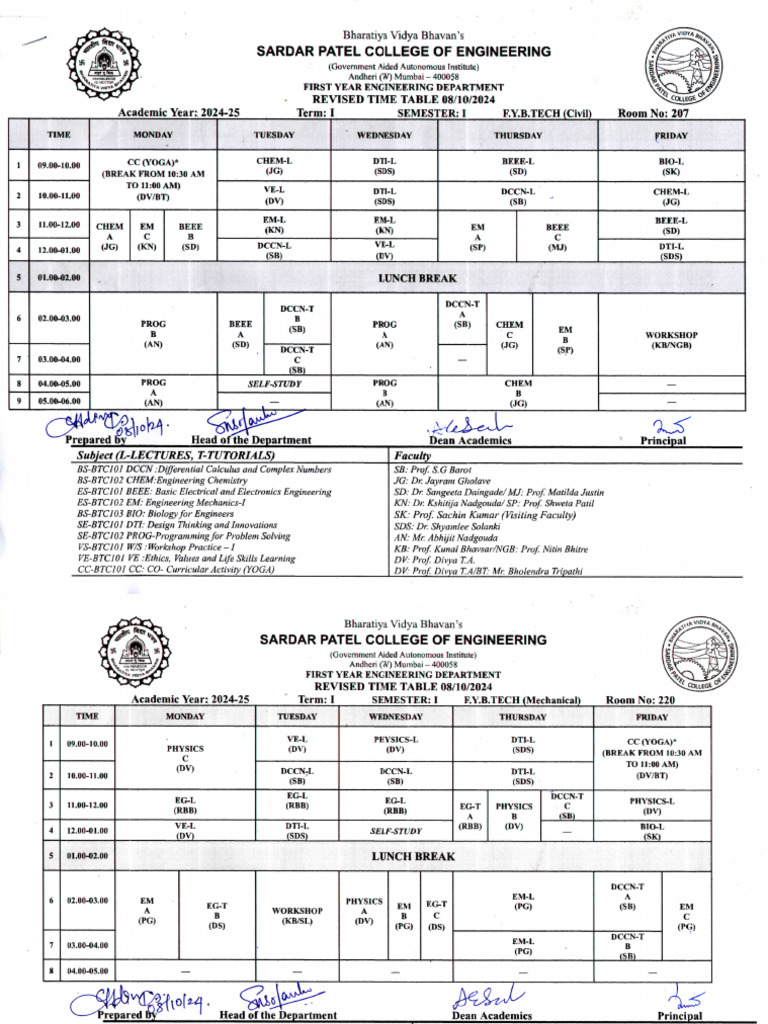 First Year Time Table 2024-25 Sem-I 08 10 2024 | PDF