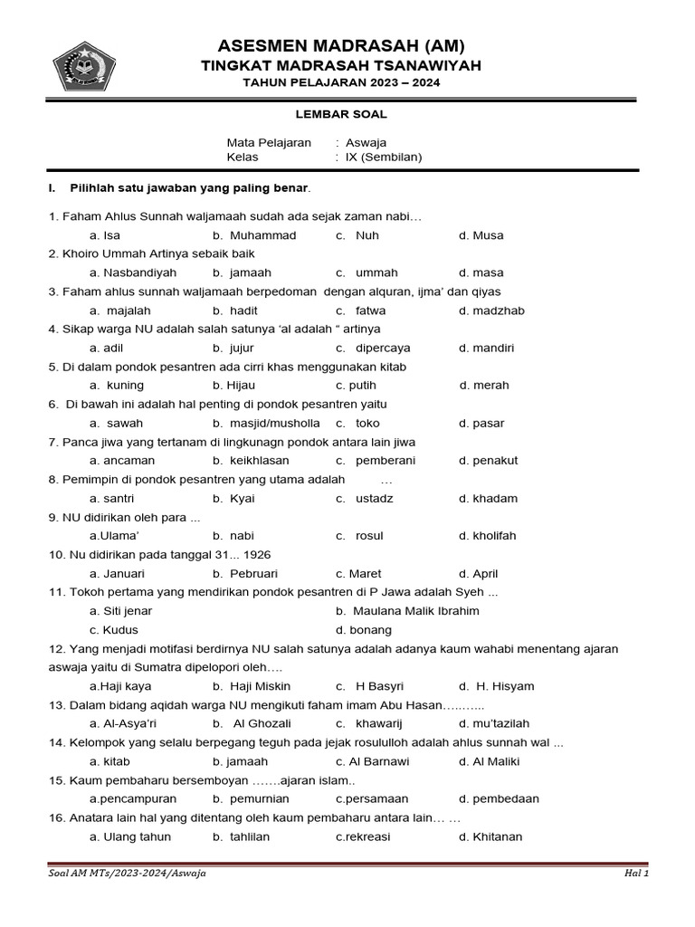 16. Soal Am Aswaja Tapel 2023-2024 | PDF