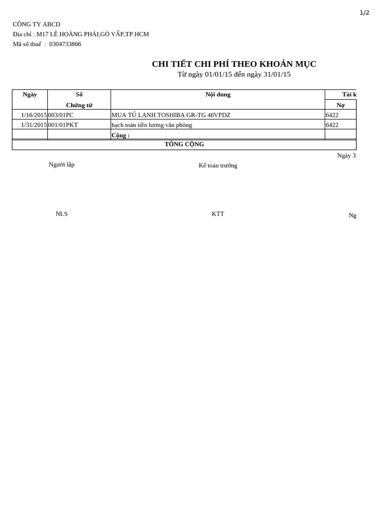 Chi Tiet Chi Phi Theo Khoan Muc | PDF