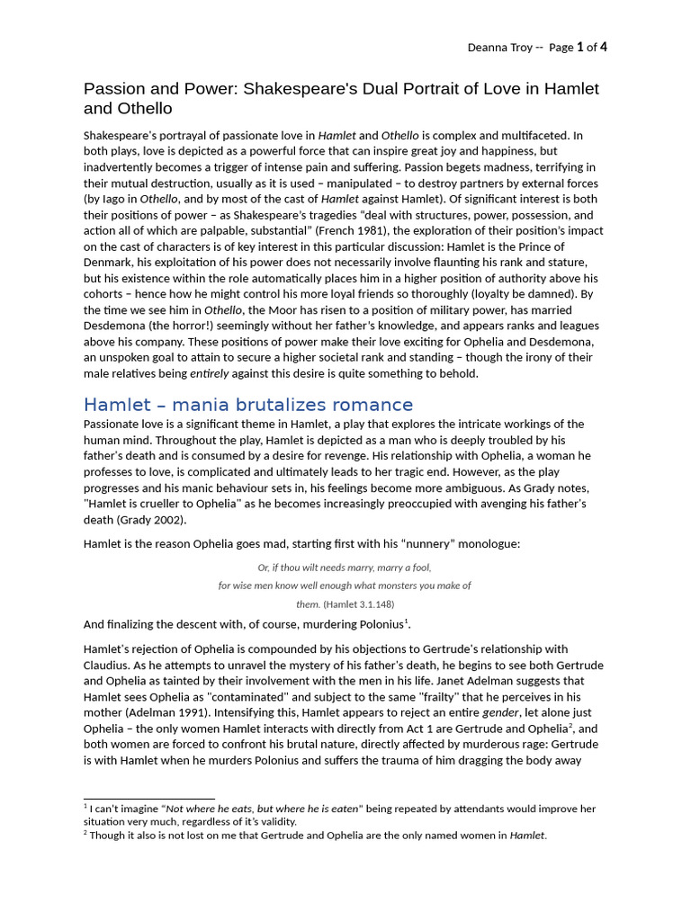 Passion and Power: Shakespeare's Dual Portrait of Love in Hamlet and ...