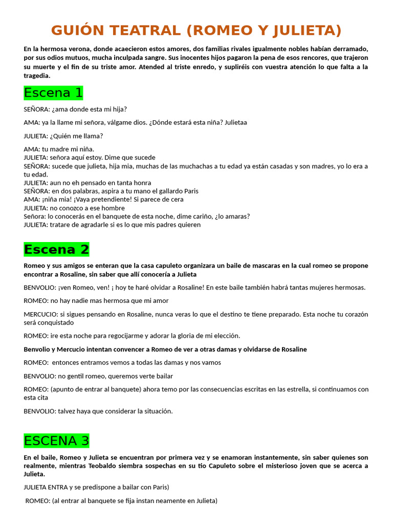 Guión Teatral | PDF | Romeo y Julieta | Tragedias de Shakespeare