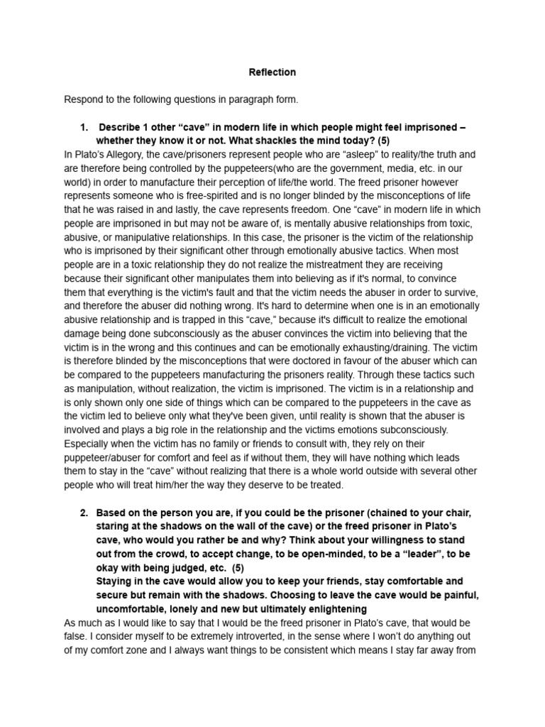 Plato's Allegory Reflection Questions | PDF | Feeling