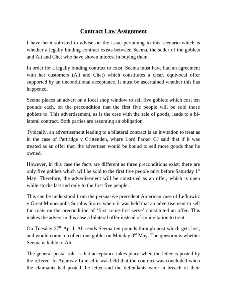 Contract Law Assignment | PDF | Offer And Acceptance | Private Law