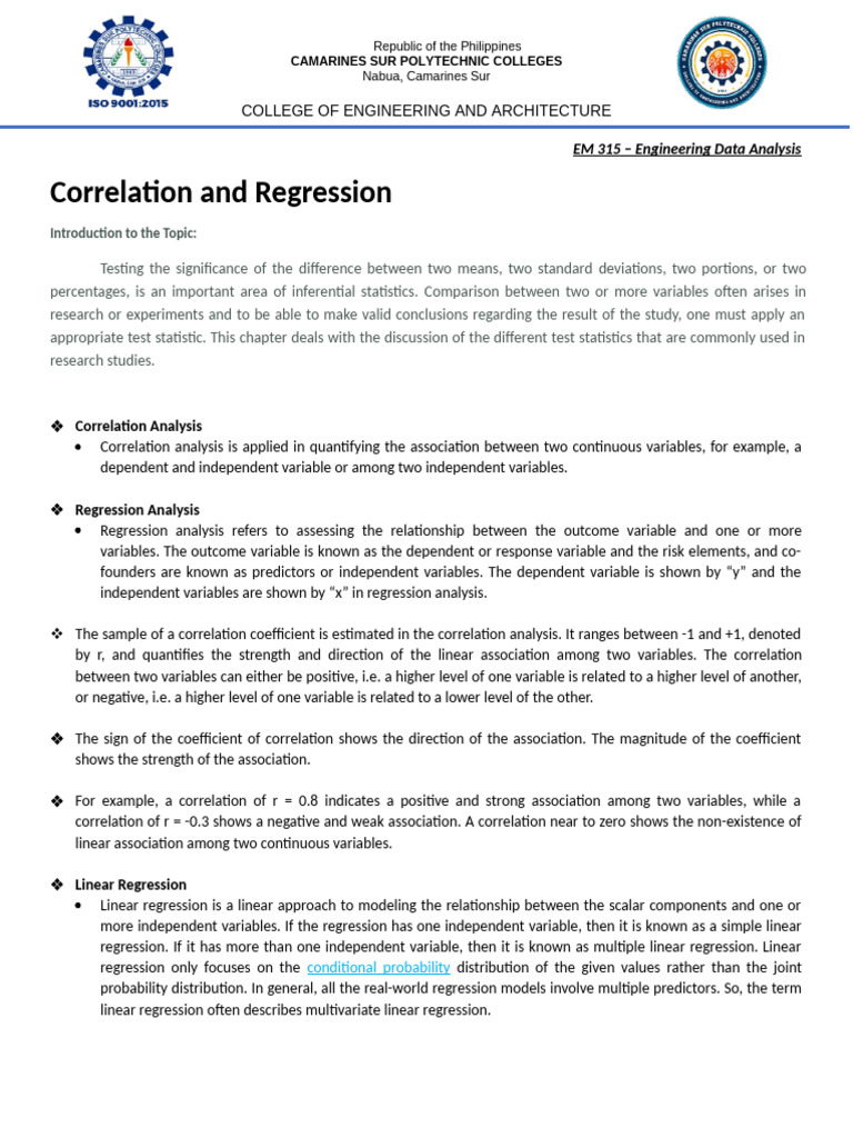 Correlation and Regression | PDF | Linear Regression | Dependent And Independent Variables