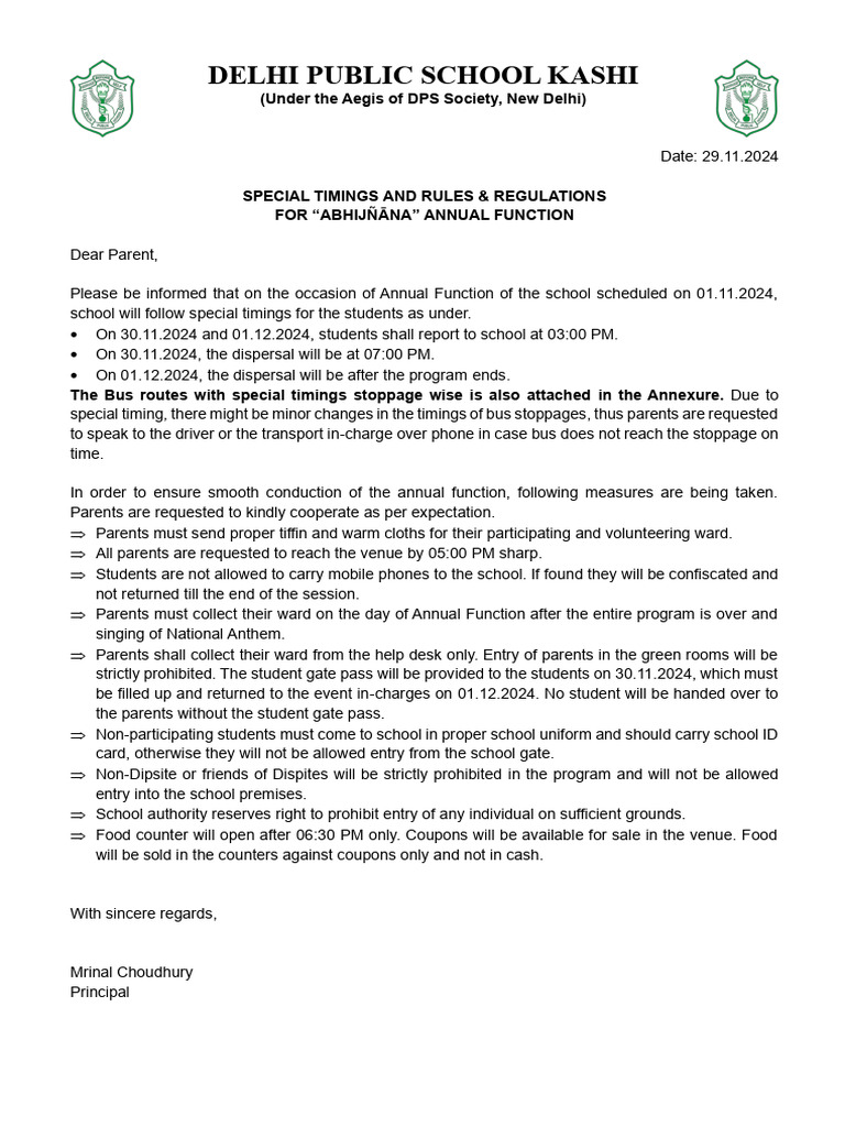 DPS Kashi Annual Function Timings & Rules | PDF