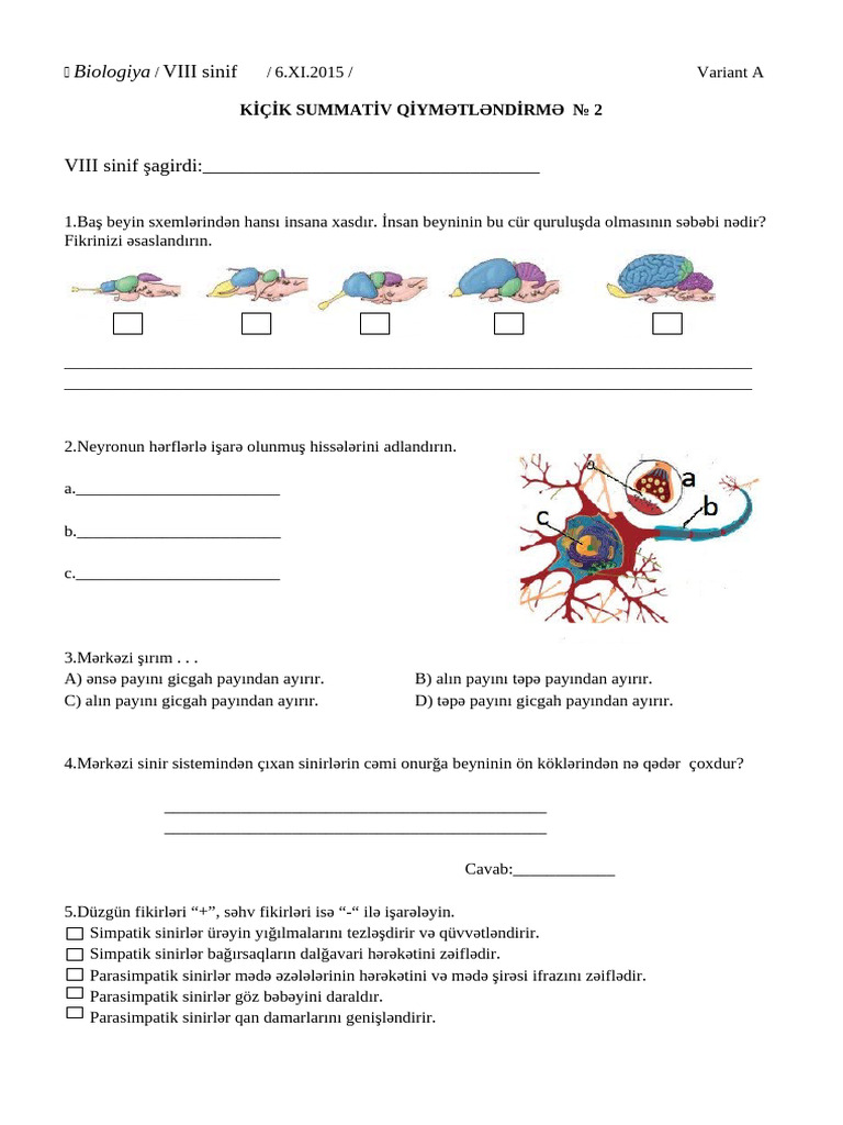 Biologiya VIII Sinif.. KSQ-2 VARIANT A, B.... EMIL MƏLİKOV | PDF