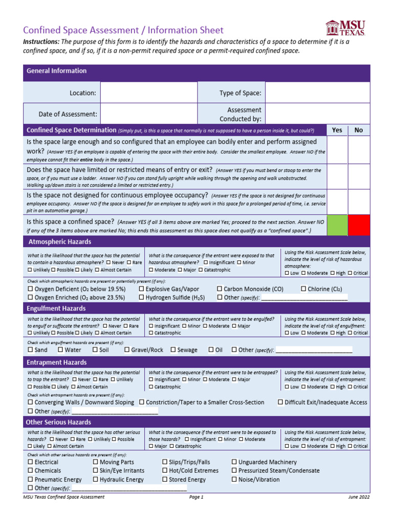 Confined Space Assessment (1) | PDF | Risk | Hazards