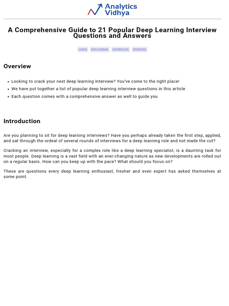Deep Learning Interview Prep Guide | PDF | Artificial Neural Network ...