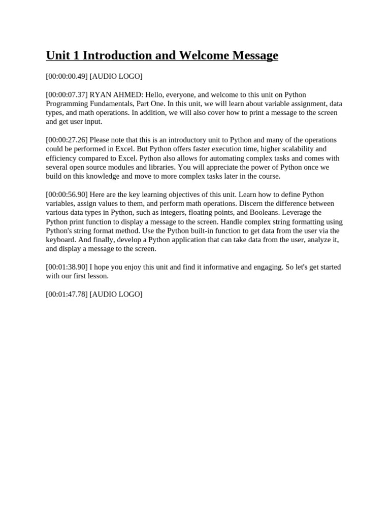Unit 1 Introduction and Welcome Message | PDF