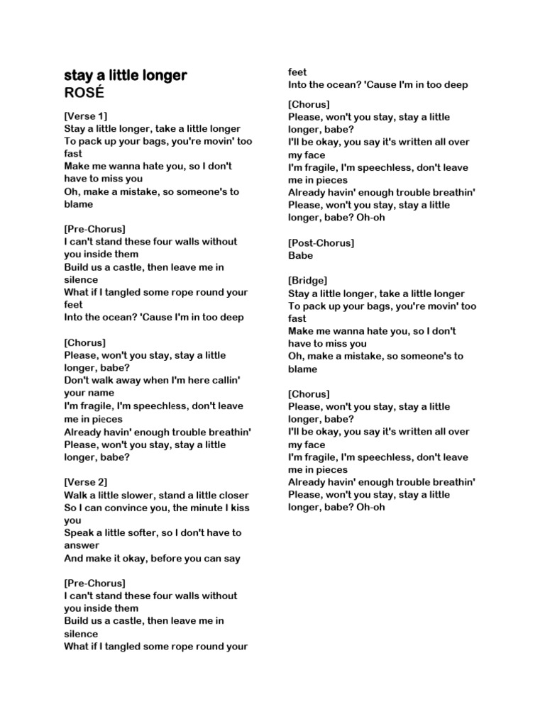 Stay a Little Longer Lyrics | PDF | Songs | Popular Music