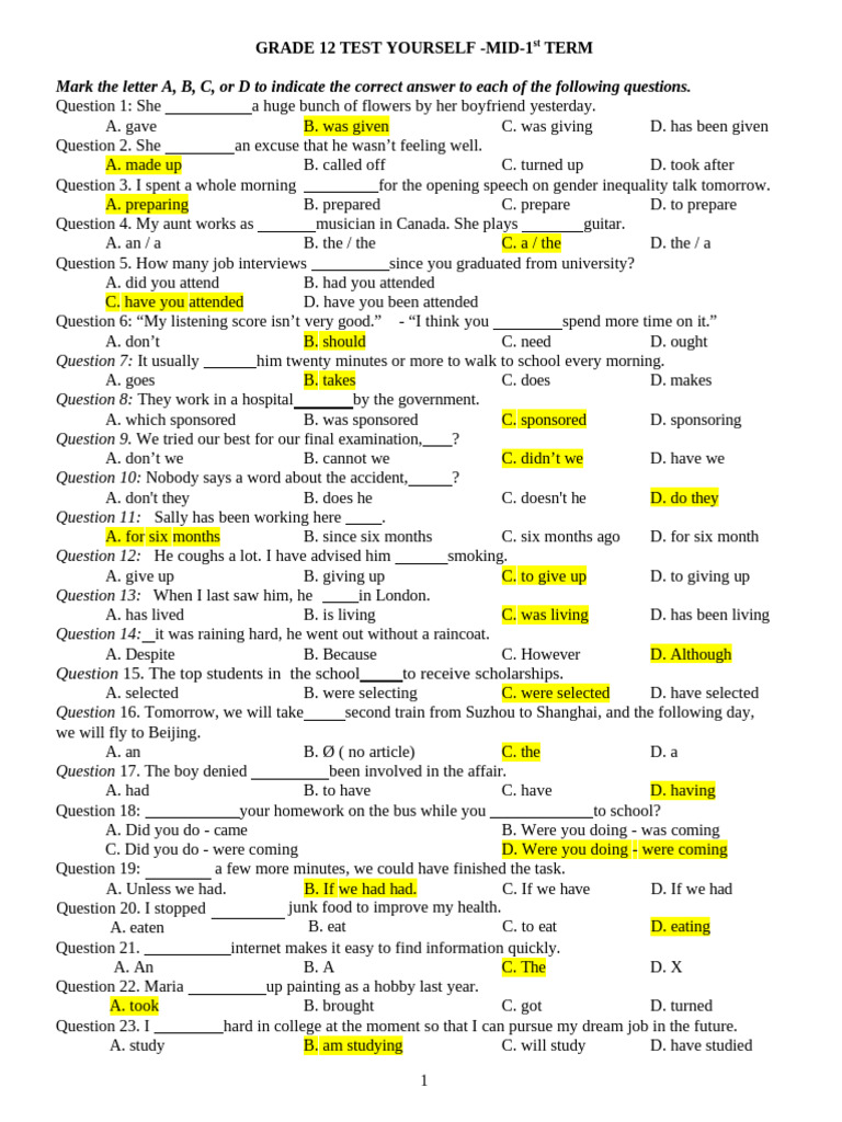 KEY - GRADE 12 TEST YOURSELF | PDF