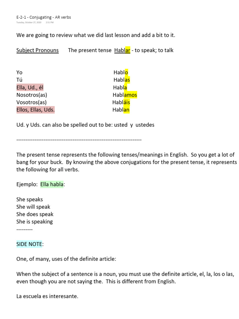 E-2-1 - Conjugating - AR Verbs | PDF | Grammatical Conjugation | Grammar