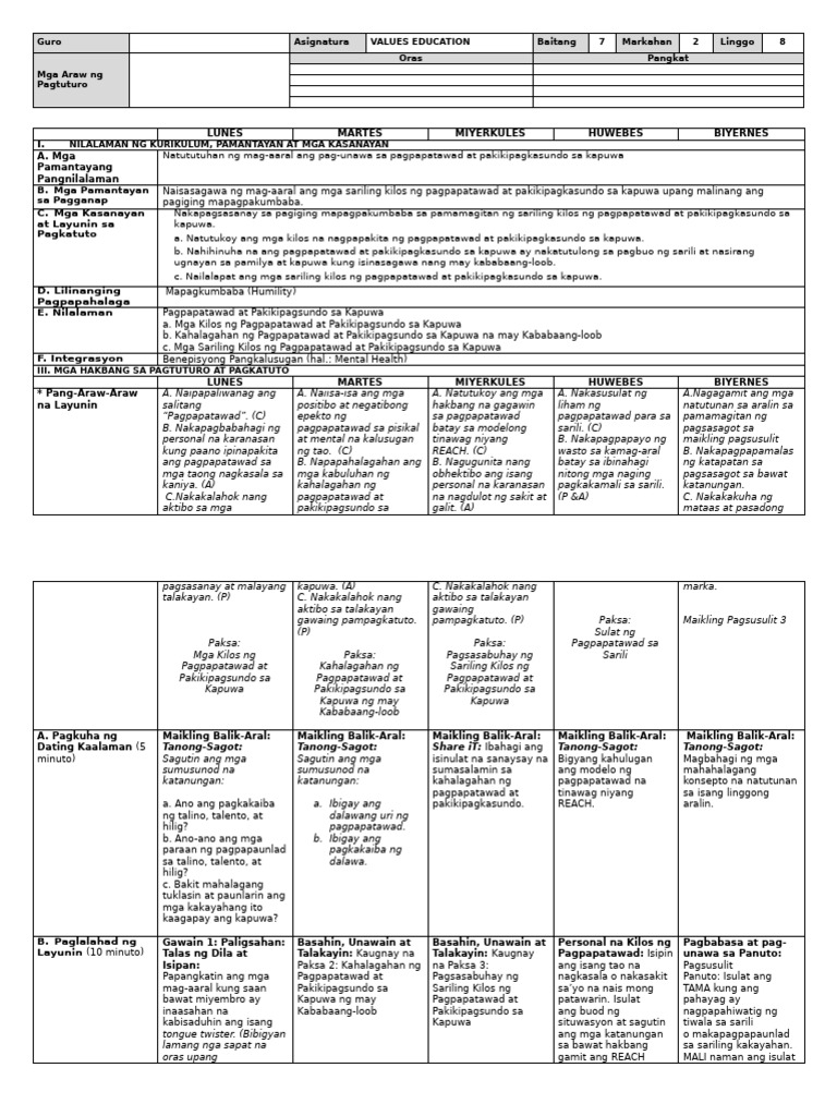 Weekly DLL_Week_3_Mapagpakumbaba | PDF